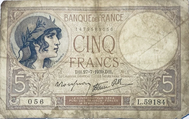 1939 FRANCE 5 French Francs Banknote Ww2 Issue Europe Franc (Pre Coin ...