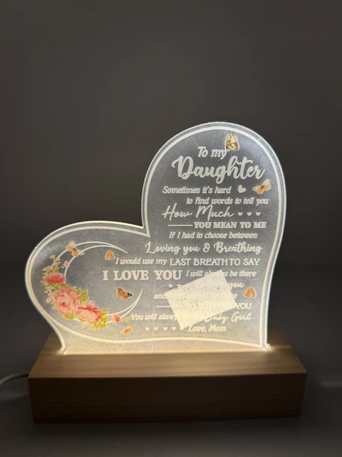 TO MY DAUGHTER LED Night Light Heart Acrylic Lamp USB Wooden Base £14. ...