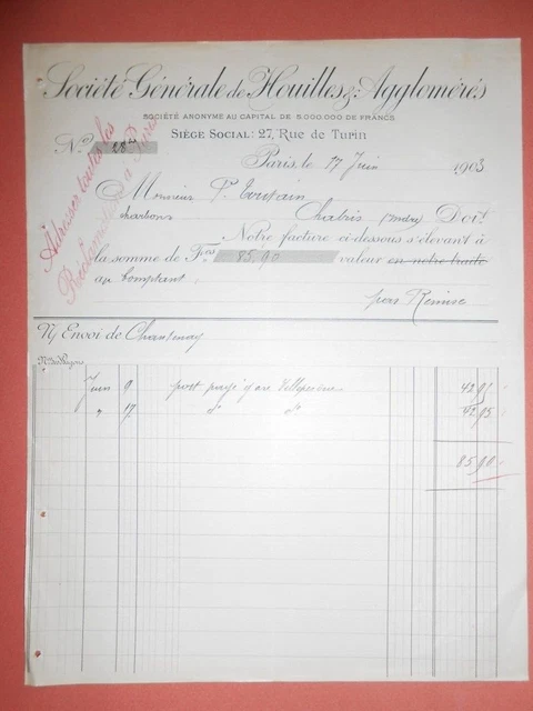 FACTURE SOCIÉTÉ GÉNÉRALE de houilles agglomérés Paris 1903 27 rue de ...