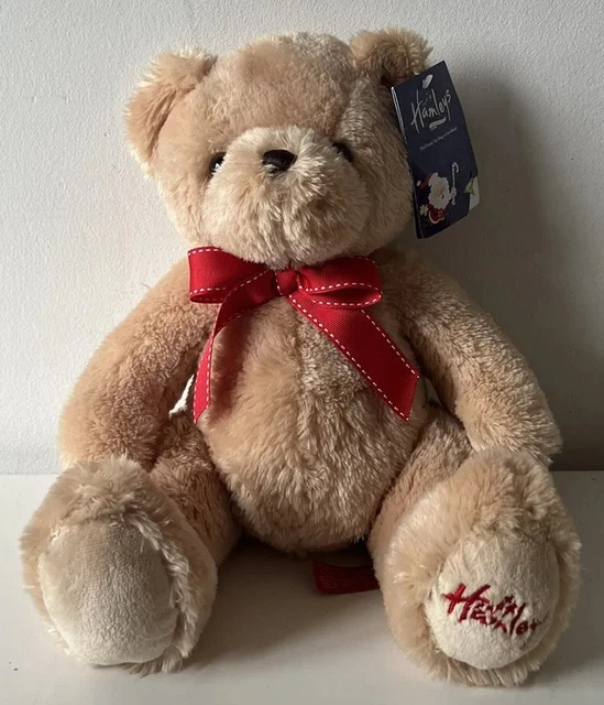 HAMLEYS 30CM GOLDEN Brown Sitting Beanie Plush Teddy Bear with Red Bow ...