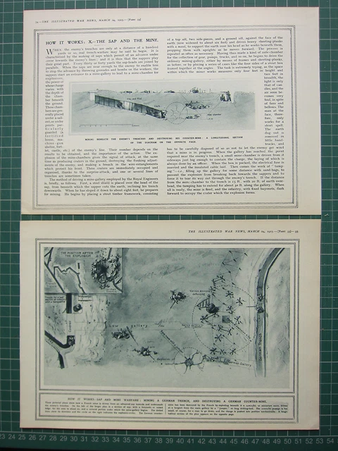 1915 WWI WW1 Print How It Works The Sap & The Mine Under Enemy Trenches ...