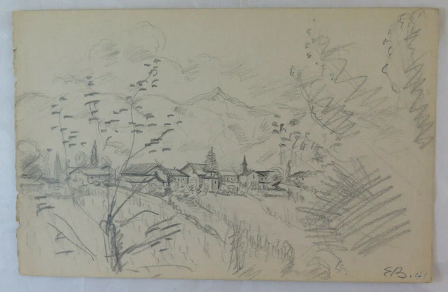 DESSIN ANCIENNE SIGNÉ Bischoff Années 40 Paysage Alpin Alpes Suisse ...