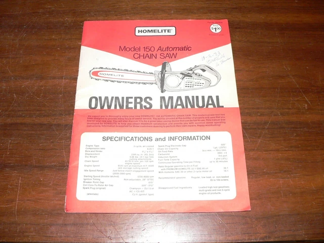 VINTAGE 1973 ORIGINAL Homelite model 150 Chainsaw Owner's Instruction ...
