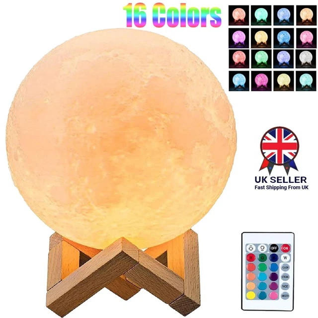 MOON LAMP NIGHT Light with Wooden Stand & Remote 16 Colour Changing ...