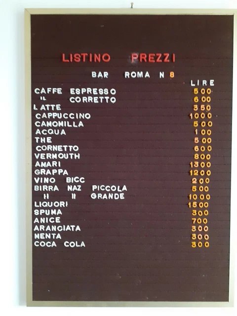 TABELLA TARGA INSEGNA Listino Prezzi Bar Roma Completo Vintage Da ...