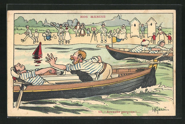 KÜNSTLER-AK HENRI GERVÈSE: Nos Marins, L´Arrache garcons!, Matrosen im Boot str EUR 3,00 ...