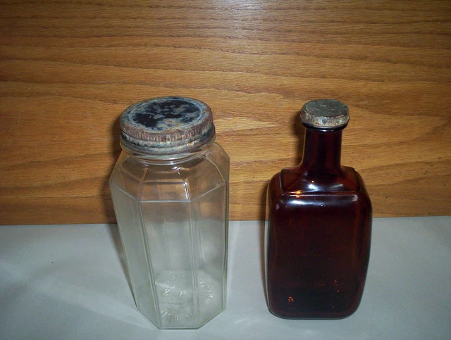 VINTAGE 8& CANNING Fruit Octagon Jar Patent No 87167 & Brown Medicine ...