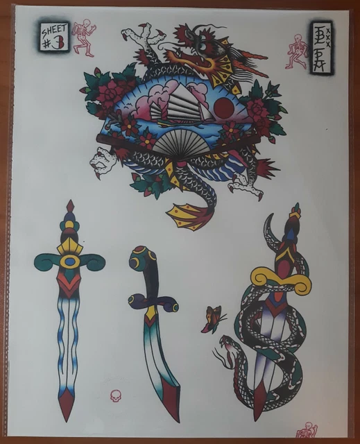 ORIGINAL BILL LOIKA Traditional Tattoo Flash Sheet 12x15" Dragon ...
