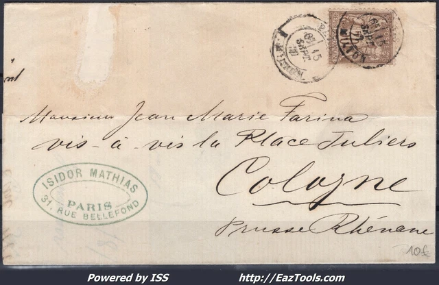 FRANCE N° 69 Seul Sur Lettre Pour Cologne Allemagne De Paris Du 15/09 ...