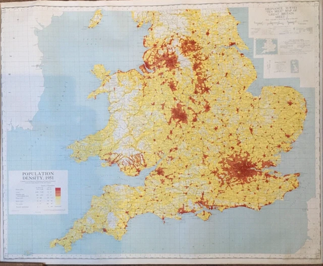 RARE VINTAGE WALL Map O.S. ENGLAND & WALES POPULATION DENSITY (1951 Census) £19.50 - PicClick UK