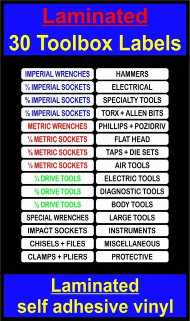 LAMINATED 30 TOOLBOX Chests Labels Craftsman snap on sealey us pro beta ...