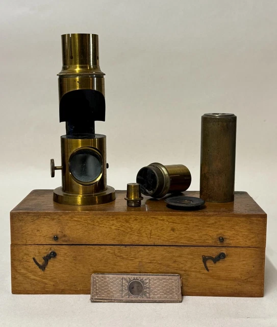 ANTIQUE BRASS FIELD Microscope w/ Wooden Case circa 1880's Chevalier ...