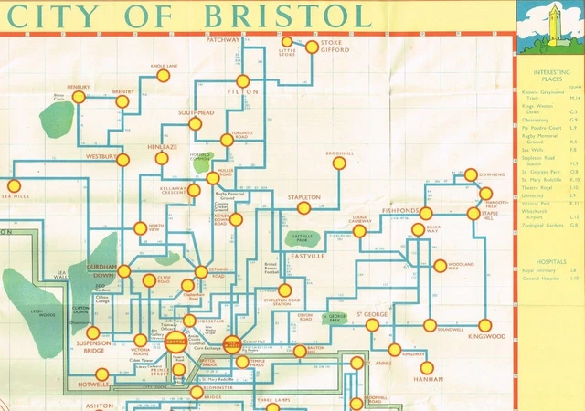 VINTAGE BRISTOL `BUS Map And Timetable. Price 1d. circa 1930s - 1950s ...