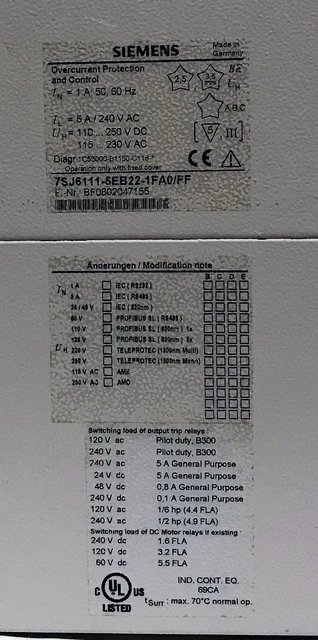 SIEMENS 7SJ61 SIPROTEC 7Sj6111-5Eb22-1Fa0/Ff Overcurrent Protection And ...