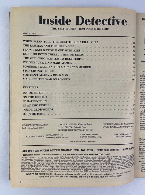 INSIDE DETECTIVE, MARS 1970, Vintage True Crime Stories, Charles Manson ...