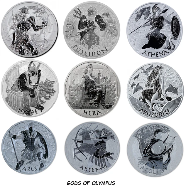 GODS OF OLYMPUS 1oz Silver coins - Tuvalu, Zeus Poseidon Hades Hera ...
