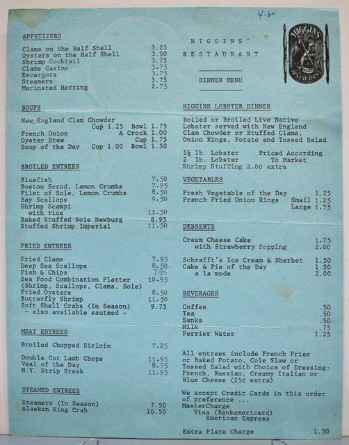 VINTAGE 1980S HIGGINS Lobster Diner Seafood Restaurant Menu £26.80 ...