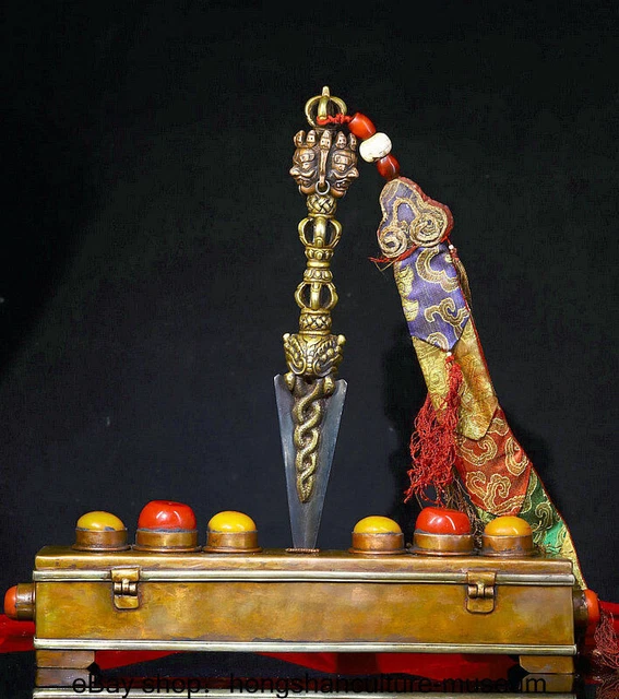 14.8 & OLD Tibet Copper Inlay Gem Yamantaka Buddha Head Phurba Dagger ... 14.8 & OLD Tibet Copper Inlay Gem Yamantaka Buddha Head Phurba Dagger ...