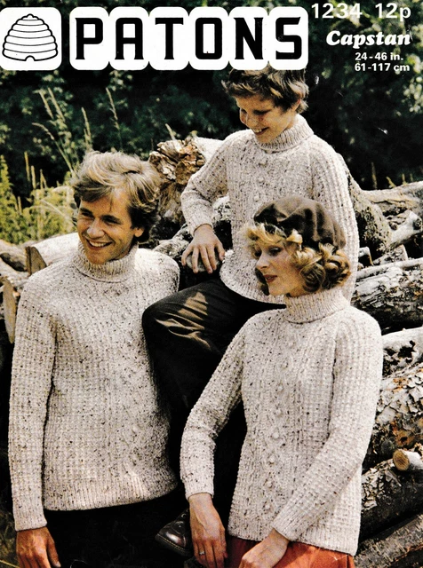 VINTAGE PATONS CAPSTAN Knitting Pattern,Family Aran Sweaters,Bust Chest ...