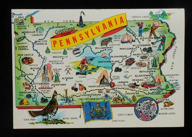 1970S STATE MAP of Pennsylvania Landmarks Icons Keystone State Bird ...