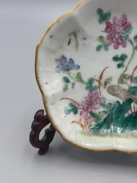 ANTIQUE TONGZHI PERIOD Chinese Famille Rose Bird Peony Floral Lobed ...