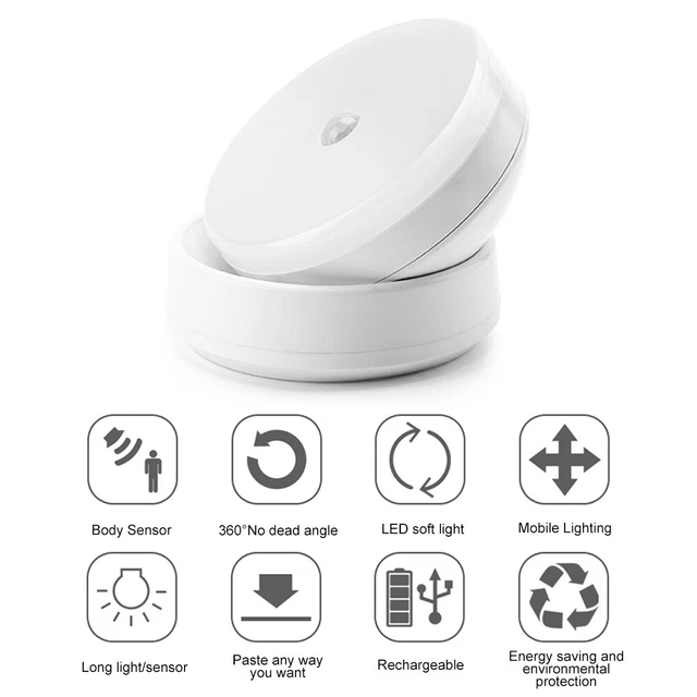 USB RECHARGEABLE LAMP 360° Rotated PIR Motion Sensor LED Night Light ...