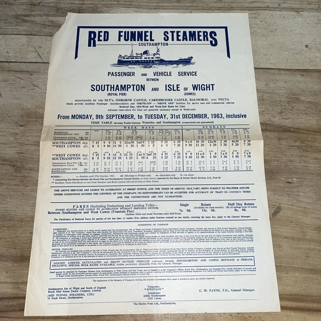 TIMETABLE POSTER FOR Red Funnel Steamers - 1963 Southampton to Isle of ...