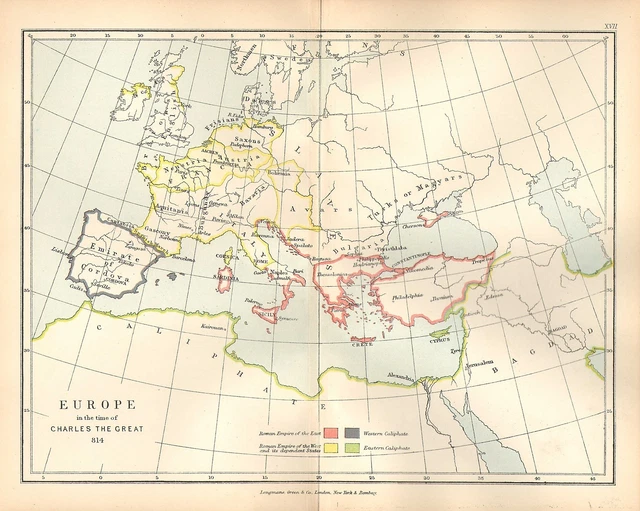 ANCIEN CARTE EUROPE Charles Le Grand 814 Romain Empire Caliphate Ouest ...