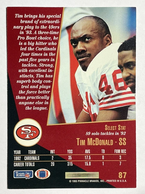 CARTE DE FOOTBALL TIM MCDONALD San Francisco 49ers, Cardinals 1993 ...