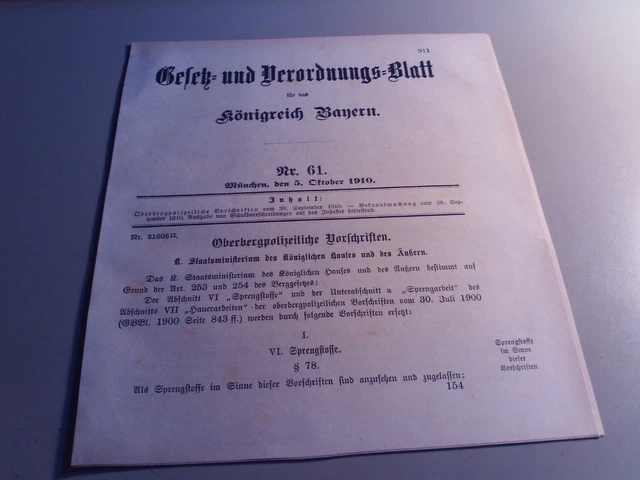 ALTES GESETZBLATT BAYERN 1910 Bergau Oberbergpolizeiliche Vorschriften ...