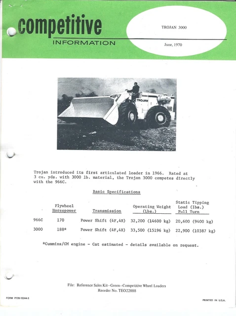 EQUIPMENT BROCHURE - Caterpillar 966C Vs Trojan 3000 Wheel Loader 1970 ...