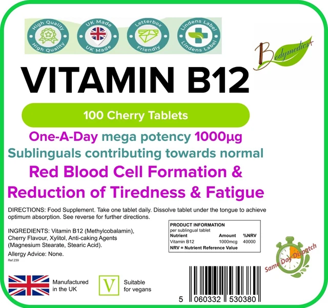 VITAMIN B12 1000MCG Red Blood Cell Formation Cherry Flavor 100 Tablet ...