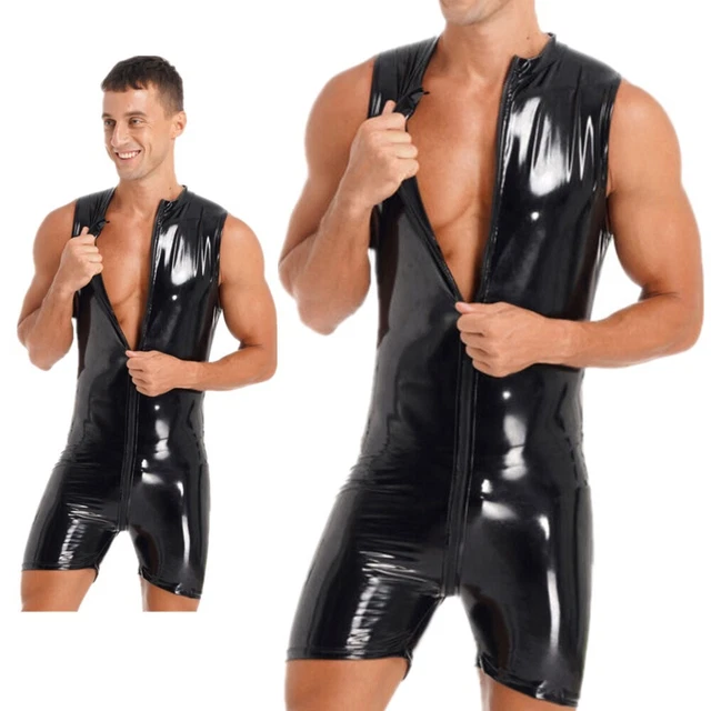 MEN'S WET LOOK PVC Leather Bodysuit Catsuit Sleeveless Zipper Front ...