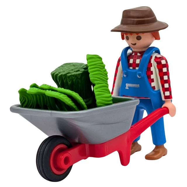 PLAYMOBIL FIGURINE HOMME bleu/rouge chapeau chariot herbe ferme EUR 4 ...