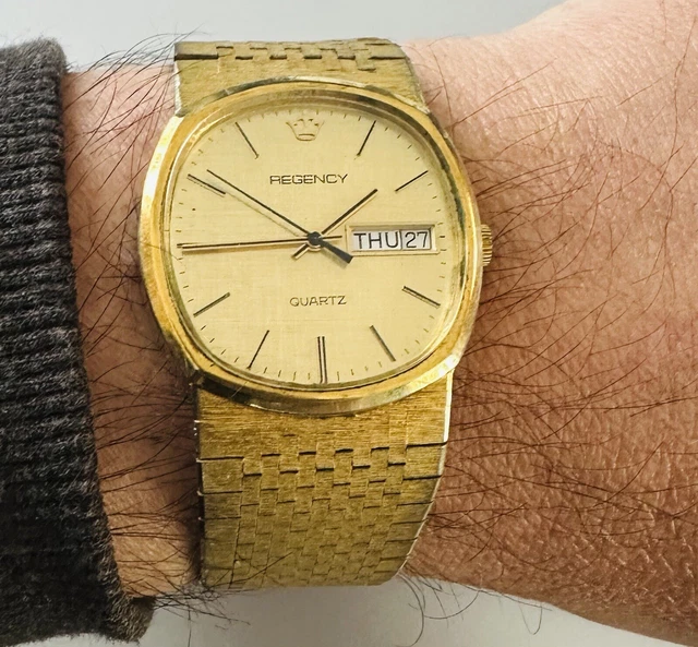 VINTAGE REGENCY QUARTZ Day/Date Gold Tone Mens Watch-Not Working-Box £ ...