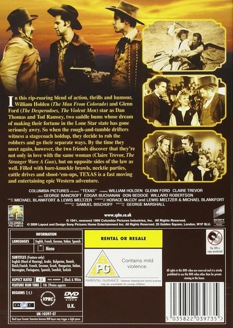 TEXAS DVD VINTAGE Western Film Movie William Holden / Glenn Ford Uk ...