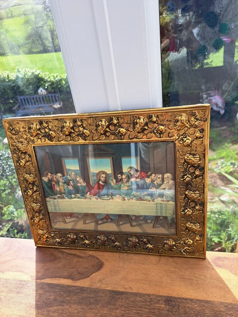 Vintage Jesus And The Last Supper Lithograph In Brass Ornate Frame Wood