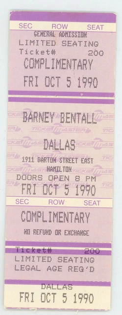 BARNEY BENTALL VINTAGE Complimentary Ticket Stub (Hamilton, 1990) $35. ...