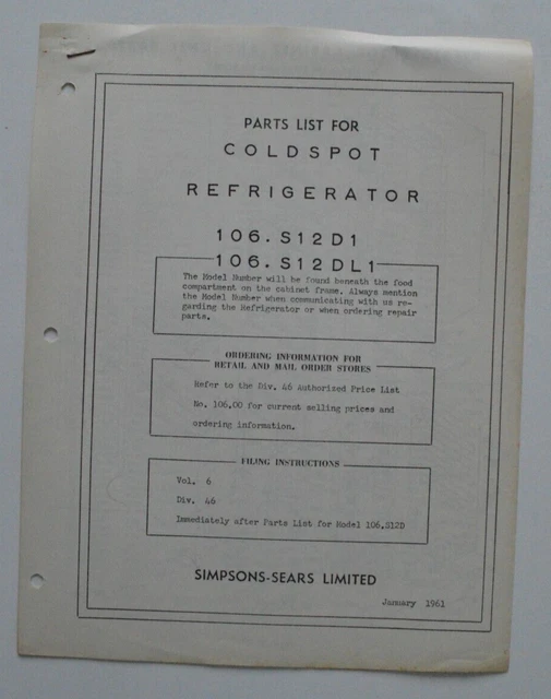 1961 SIMPSONS-SEARS COLDSPOT Parts List for Refrigerator Models 106 ...