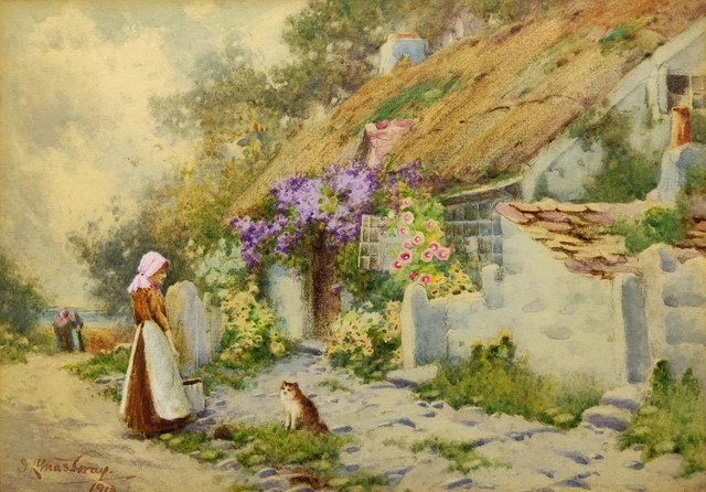 JOHN LYNAS GRAY Original Antique Watercolour Painting Woman & Cat ...