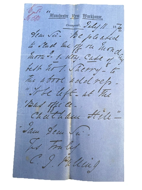 1872- HANDWRITTEN LETTER- Manchester New Workhouse- Alcohol Order ...
