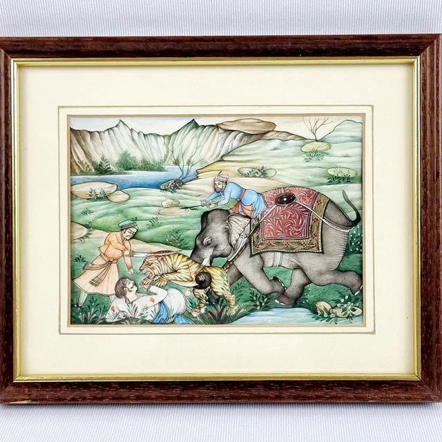 ANTIQUE INDIAN 19TH Century Oil Painting on Bone Panel of Hunting scene ...