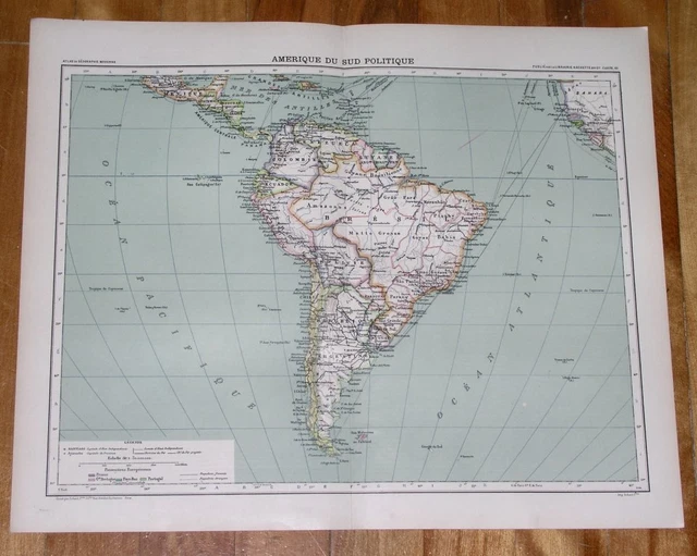 1906 ORIGINAL ANTIQUE Political Map Of South America / Peru Argentina ...