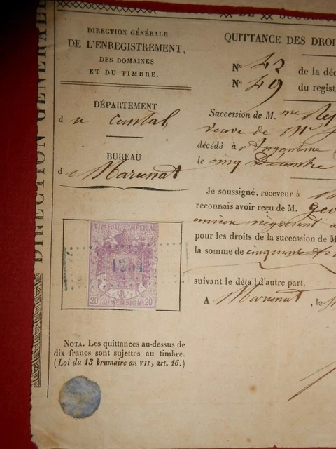 ANCIENNE QUITTANCE DES droits de succession timbre fiscal 20c x2 EUR 6 ...