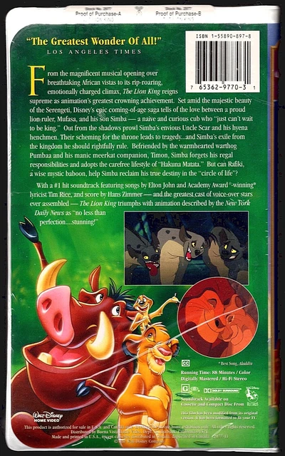 1994 WALT DISNEY VHS Lion King Masterpiece Collection 1st Release 2977 ...