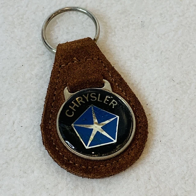 VINTAGE CHRYSLER BROWN Leather Keychain Key Ring FOB Logo Emblem Car ...