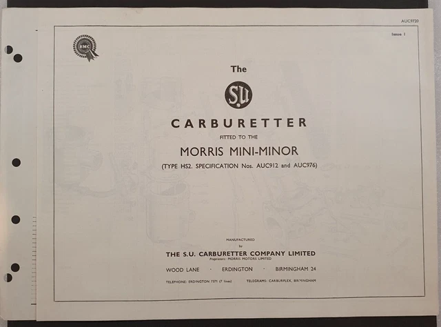 BMC ORIGINAL SU Carburetter Parts List For Morris Mini-Minor Type HS2 ...