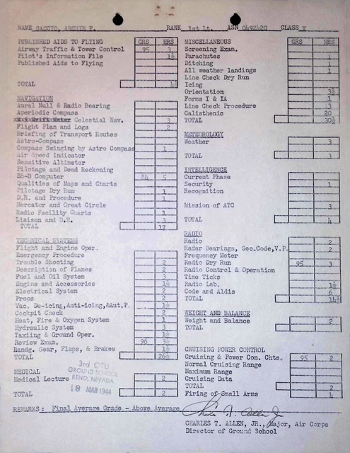 WW2 USAAF PILOT Ground School Training Record 1944 Reno Navigation ...