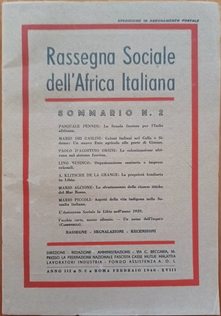 RASSEGNA SOCIALE DELL'AFRICA Italiana - Anno III, n. 2, Ed. Feder. Naz ...