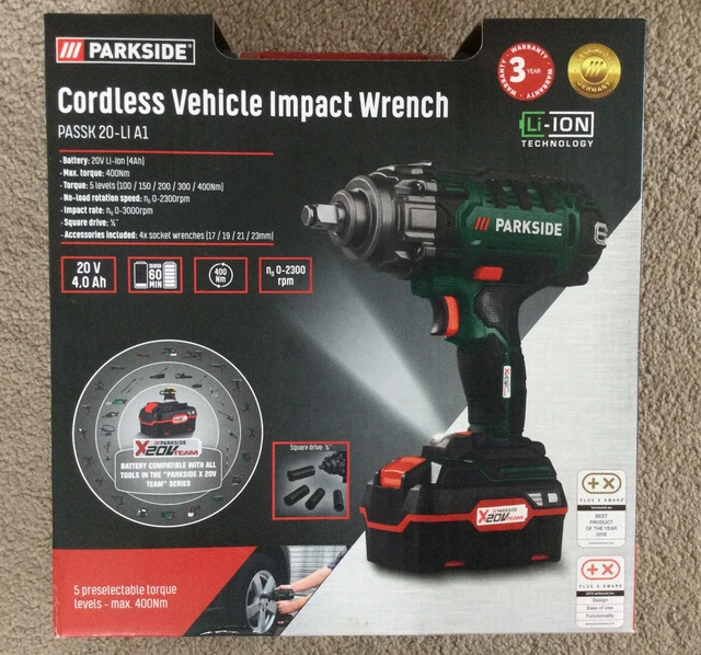 PARKSIDE CORDLESS VEHICLE Impact Wrench 20V with 4Ah Battery & Case ...